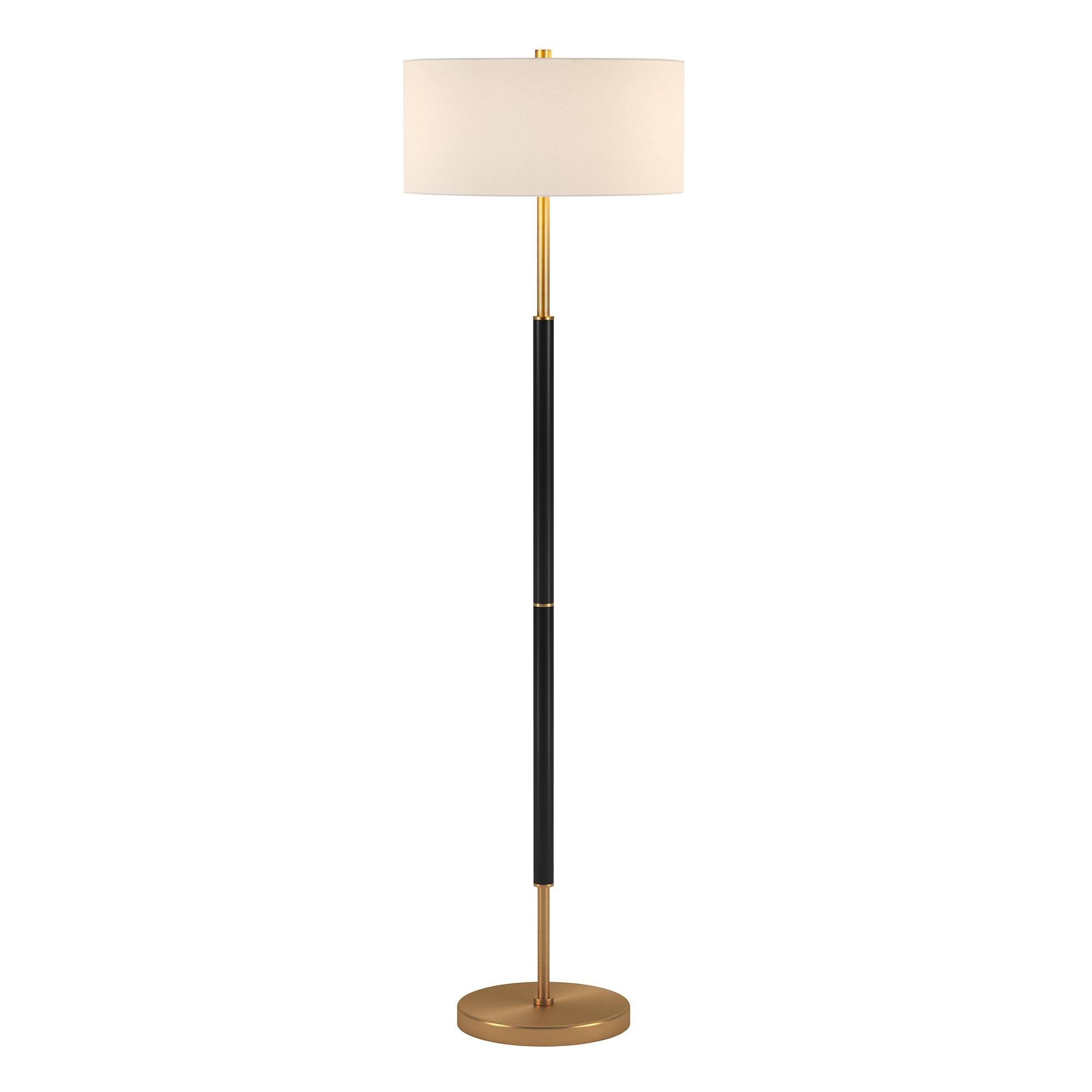 HomeRoots 61" Black and Brass Two Light Floor Lamp With White Drum Shade - 17 - Bed Bath ...